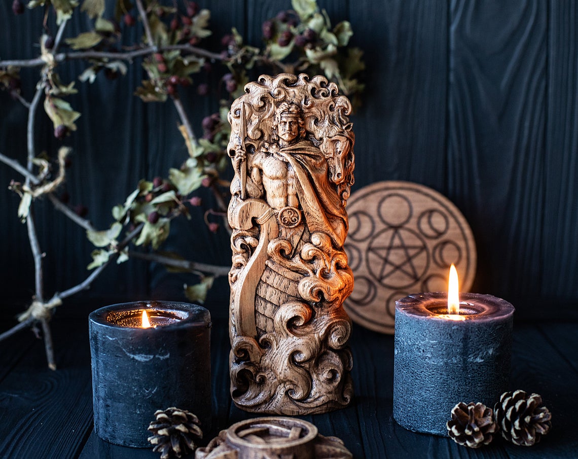 Manannan, Celtic God, Wooden statue, for Pagan Altar kit – Blagowood